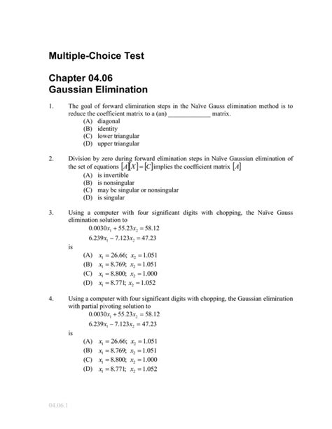 Gaussian Elimination Multiple Choice Test