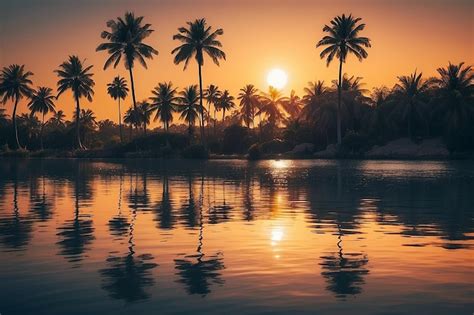 A Sunset With Palm Trees And The Sun Reflecting In The Water Premium