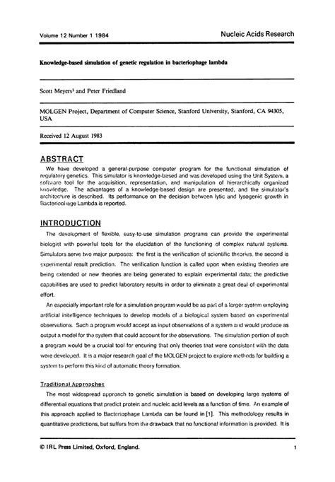Pdf Knowledge Based Simulation Of Genetic Regulation In Bacteriophage Lambda