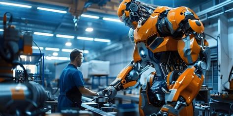 Engineer Leads Team Assembling Giant Cyborg In Workshop Filled With