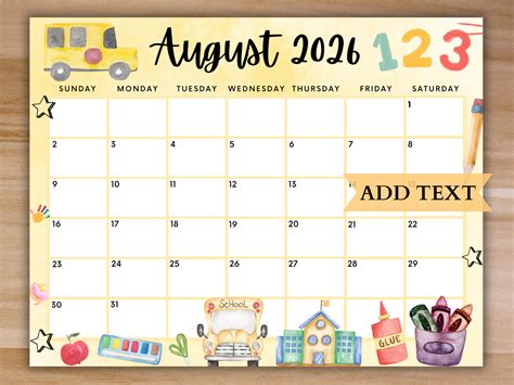 Printable August 2026 Calendar Editable Calendar 2026 Back To School