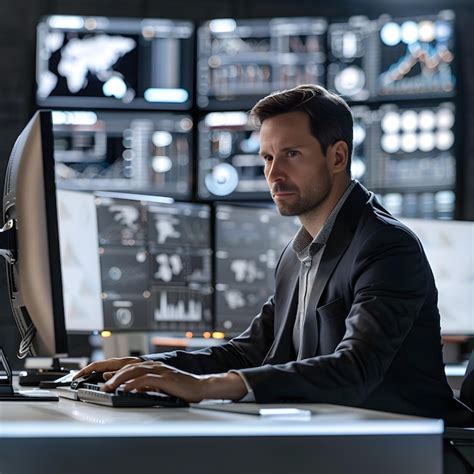 Premium Photo Professional Agent In Modern Office Analyzing Data On Multiple Monitors For