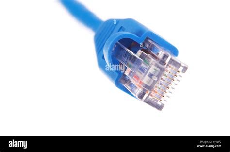 Blue Data Cable Comes Out Blur For Connecting Computers To The Ethernet On White Background