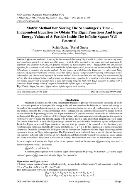 Pdf Matrix Method For Solving The Schrodingers Time Independent