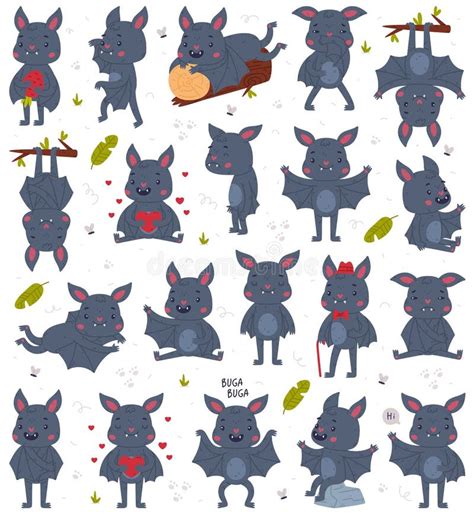 Cute Friendly Bat Characters In Different Poses Set Happy Halloween