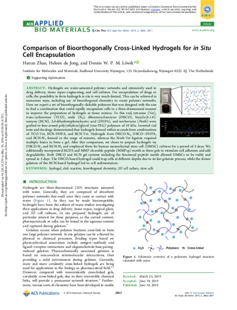 Pdf Comparison Of Bioorthogonally Cross Linked Hydrogels For In Situ