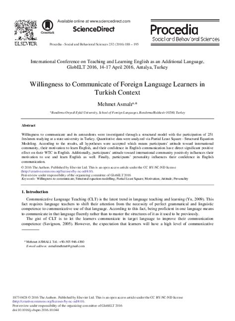 Pdf Willingness To Communicate Of Foreign Language Learners In Turkish Context
