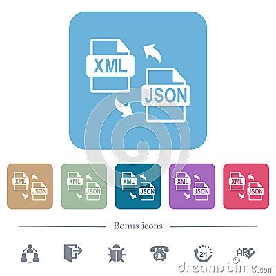 XML JSON File Conversion Flat Icons On Color Rounded Square Backgrounds Cartoon Vector