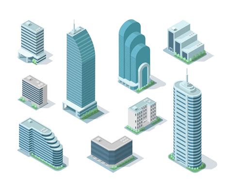 아이소 메트릭 현대 건물 일러스트 레이 션의 설정 프리미엄 벡터