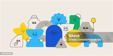 다른 얼굴 감정 아이들을위한 재미있는 포스터 아이디어와 귀여운 만화 기하학적 인물 다채로운 캐릭터 트렌디 한 벡터 일러스트레이션 어린이 교육을위한 기본 다양한 인물 0명에