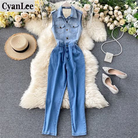 Cyanlee 데님 정장 2020 여름 바디 슈트 벨트 민소매 포켓 싱글 브레스트 허리 씬 카우보이 점프 슈트 여성롬퍼