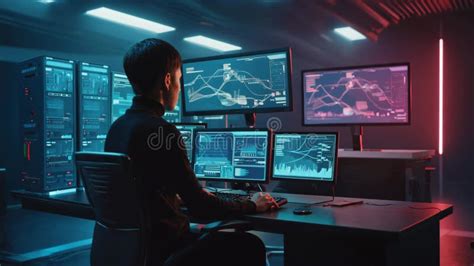 Specialist Monitoring Security Through Multiple Screens Stock Video Video Of Server Screens