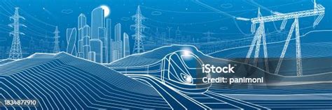 현대 나이트 타운 기차 타기 전력선 도시 인프라 및 교통 그림 도시 장면 벡터 디자인 아트입니다 파란색 배경에 흰색 윤곽선 기차에 대한 스톡 벡터 아트 및 기타 이미지