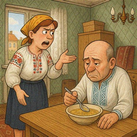 Життя Чоловік сидів за кухонним столом і поволі сьорбав суп Дружина говорила на підвищених