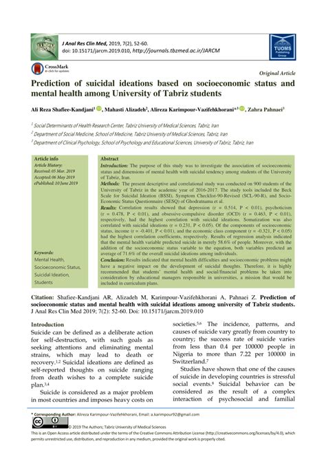 Pdf Prediction Of Suicidal Ideations Based On Socioeconomic Status And Mental Health Among