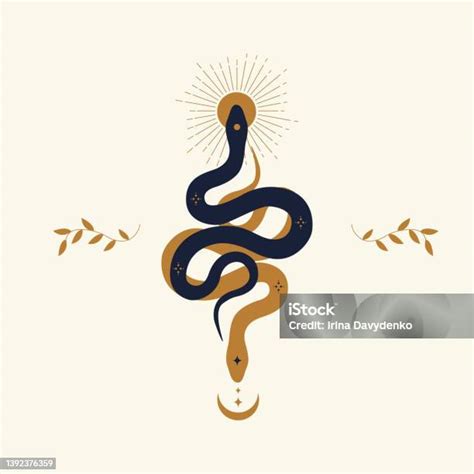 달 별 초승달을 가진 마법의 뱀 밝은 배경에 트렌디 한 미니멀리스트 스타일의 신비로운 상징 뱀 가지 천체가 있는 우주의 미니멀리즘 장면 타로 카드에 대한 스톡 벡터 아트 및