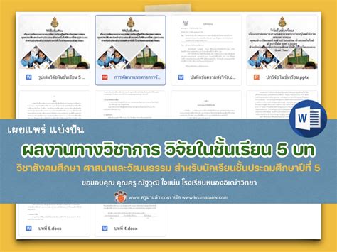 เผยแพร่ แบ่งปัน ไฟล์แก้ไขได้ ผลงานทางวิชาการ วิจัยในชั้นเรียน 5 บท วิชาสังคมศึกษา ศาสนาและวัฒนธรรม