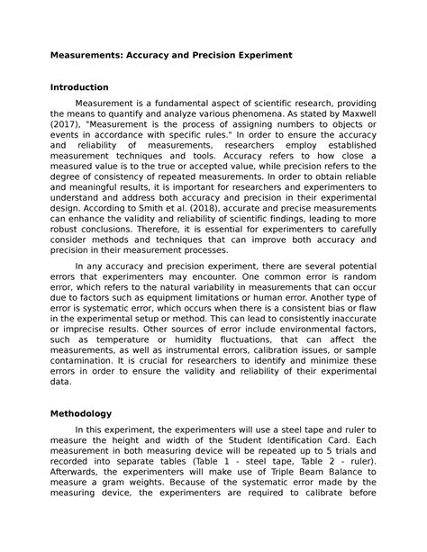 Measurements Accuracy And Precision Experiment Measurements Accuracy And Precision
