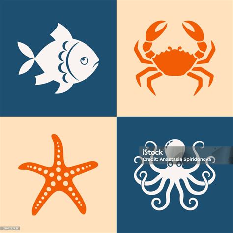 대담한 분할 톤 배경에 물고기 게 불가사리 문어를 보여주는 다채로운 벡터 해양 생물 아이콘 세트 게에 대한 스톡 벡터 아트 및