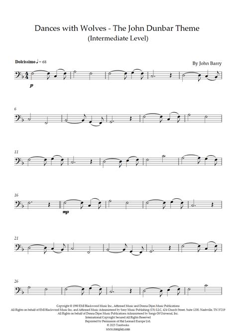 The John Dunbar Theme Intermediate Level John Barry Double Bass