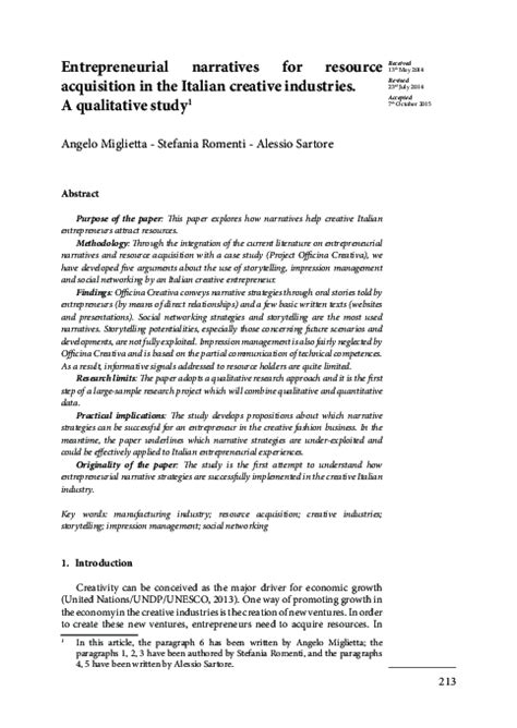 Pdf Entrepreneurial Narratives For Resource Acquisition In The Italian Creative Industries A