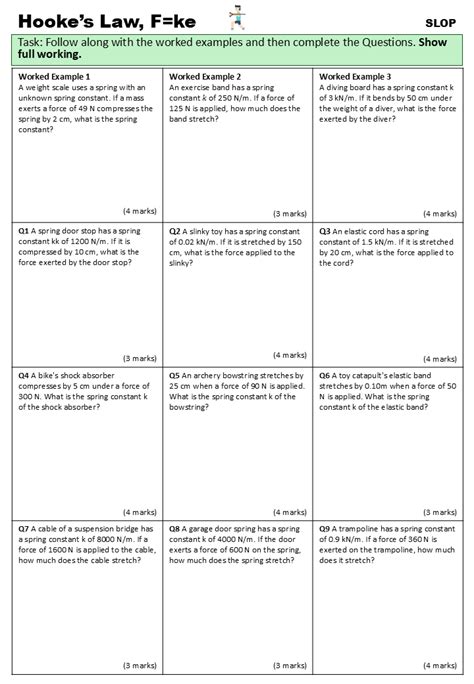 hooke s law f ke slop calculations worksheet with answers teaching