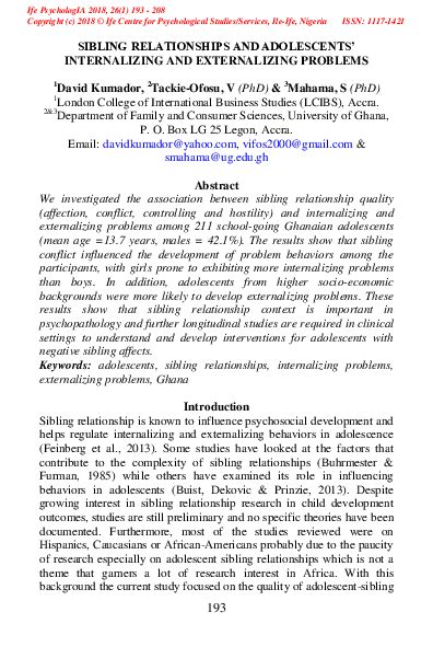 Pdf Sibling Relationships And Adolescents Internalizing And