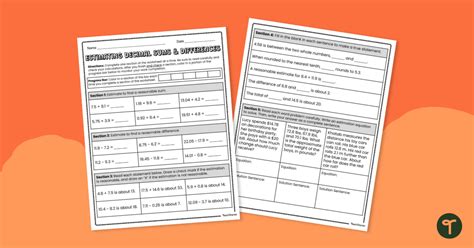 Estimating Decimal Sums And Differences Worksheet Teach Starter