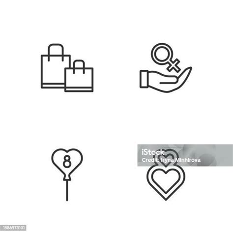 하트 3월 8일 풍선 종이 쇼핑백 여성 성별 기호 아이콘을 설정합니다 벡터 0명에 대한 스톡 벡터 아트 및 기타 이미지 0명