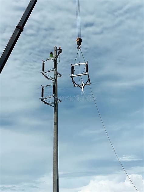 The Crane Truck Is Lifting Of 115kv Disconnecting Switch To The Installation Point Stock Image