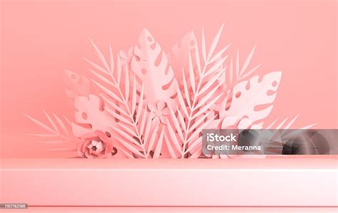 열대 종이 손바닥 몬스타 나뭇잎과 꽃 프레임 제품 프리젠 테이션을위한 연단 플랫폼 여름 열대 잎입니다 종이 접기 이국적인 정글 여름 배경입니다 용지 잘라내기 3d 렌더링