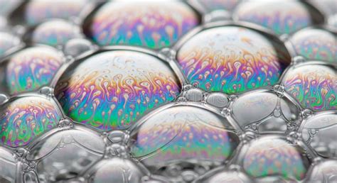 Close Up Of Soap Bubbles Exhibiting Iridescence Caused By Light
