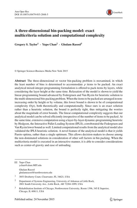 Pdf A Three Dimensional Bin Packing Model Exact Multicriteria
