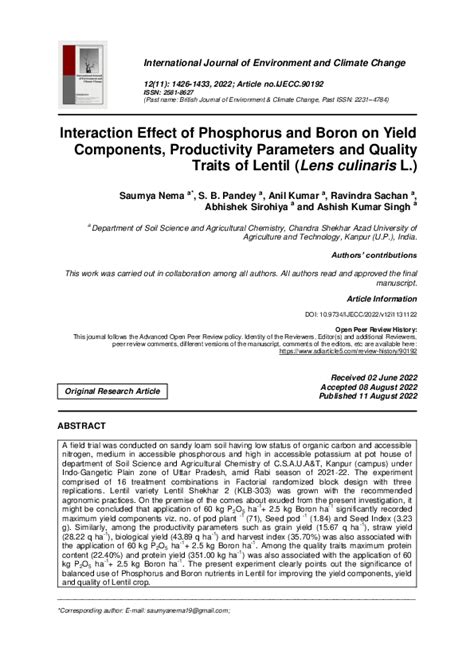 Pdf Interaction Effect Of Phosphorus And Boron On Yield Components