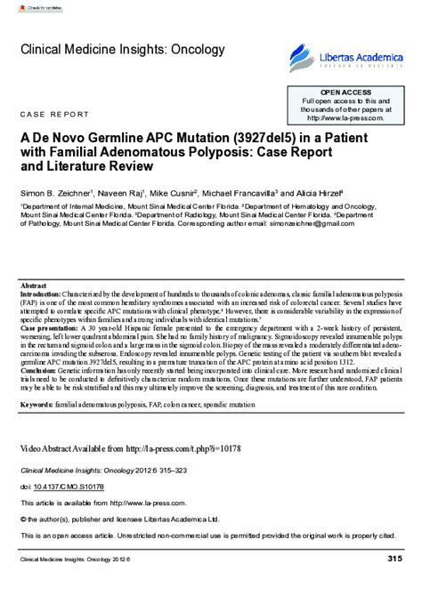 Pdf A De Novo Germline Apc Mutation 3927del5 In A Patient With