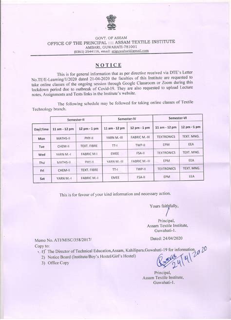 Online Class Time Table Assam Textile Institute