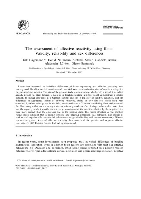 Pdf The Assessment Of Affective Reactivity Using Films Validity Reliability And Sex Differences