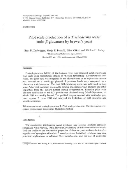 Pdf Pilot Scale Production Of A Trichoderma Reesei Endo β Glucanase By Brewers Yeast