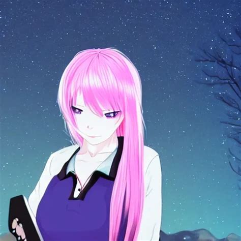 White Skinned Girl Anime Type With Pink Hair At Night With Headp