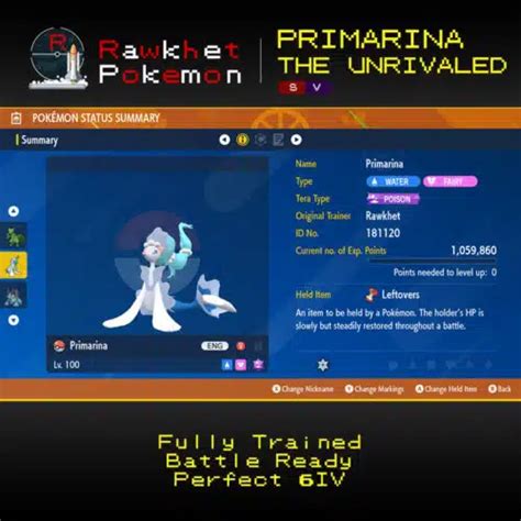 Primarina The Unrivaled 6iv Battle Ready Pokemon Scarlet And