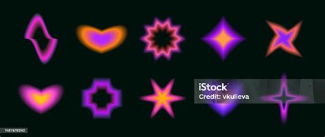 매끄럽고 흐릿한 그라데이션 꽃 별과 하트가 설정됩니다 Y2k 흐릿한 아우라 모양 컬렉션 다채로운 네온 추상적인 트렌디한 요소들 로고 템플릿 배지 스티커 콜라주 벡터 팩