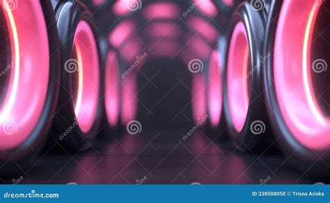 A Futuristic Tunnel Illuminated By Glowing Pink Lights And Circular Structures Stock