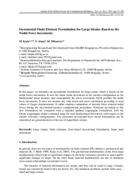 Pdf Incremental Finite Element Formulation For Large Strains Based On