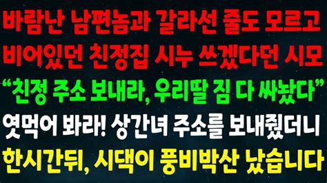 반전신청사연바람난 남편놈과 갈라선 줄 모르고 비어있던 친정집 시누 쓰겠단 시모친정 주소 보내라 우리딸 짐 다 싸놨다엿먹어