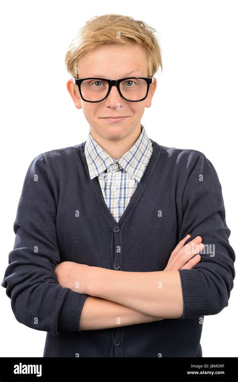 Confident Nerd Boy Wearing Geek Glasses Standing Against White