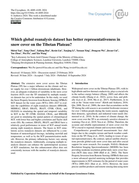 Pdf Which Global Reanalysis Dataset Has Better Representativeness In Snow Cover On The Tibetan
