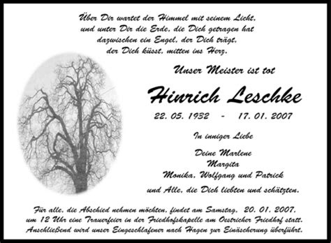 Traueranzeigen Von Hinrich Leschke Trauer In Nrw De