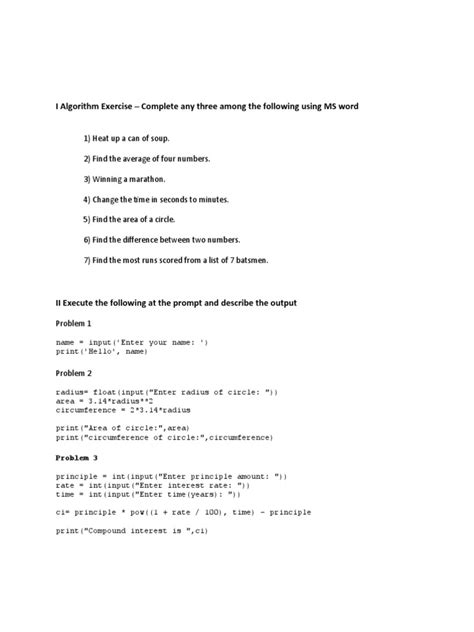 I Algorithm Exercise Complete Any Three Among The Following Using Ms