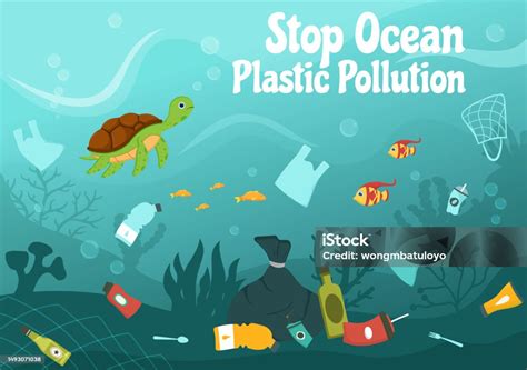 쓰레기 봉투 쓰레기 병과 같은 바다 밑의 쓰레기가 있는 해양 플라스틱 오염 벡터 일러스트레이션을 평면 만화 손으로 그린 템플릿에 멈추십시오 0명에 대한 스톡 벡터 아트 및