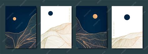 추상 미술 물결 모양의 배경 벡터 세트는 일본 스타일의 Mountiain 바다 물 라인 스케이프와 태양 달 황금색 고급 벽 예술의 배너를 다룹니다 프리미엄 벡터